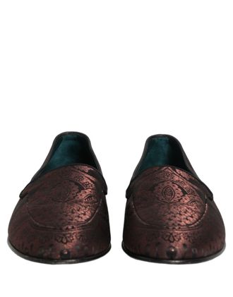 Dolce & Gabbana Mens Maroon Jacquard Leather Slip On Loafers Shoes