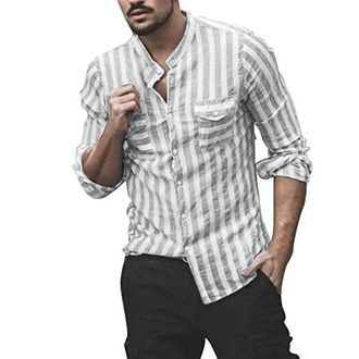 Generic Chemise de plage en lin pour homme - Chemise ray&eacute;e fine en lin - Polo pour homme - Coupe ajust&eacute;e - Manches longues - Col en V - T-shirt graphique pour