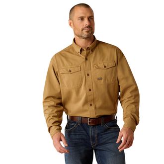 Ariat Mens Rebar Washed Twill Work Shirt Long Sleeve in Rebar Khaki, Size X-Small, by Ariat