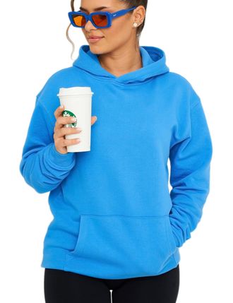 Behype. Damen Oversize Hoodie Kapuzenpullover Einfarbig Basic Heavy Blank Pullover Unifarben Kapuzen-Sweatshirt F&uuml;r Frauen DC_Damen_8001-Blue-XS