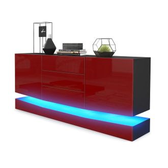 Vladon Sideboard City, Made in Germany, Schwarz matt/Bordeaux Hochglanz inkl. LED - Moderne Kommode f&uuml;r Ihr Wohnbereich (178 x 72 x 38 cm)