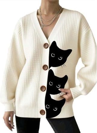 Generic Cardigan dHalloween amusant avec imprim&eacute; chat noir pour femme, pull d&eacute;contract&eacute; pour lautomne mignon, beige, XL