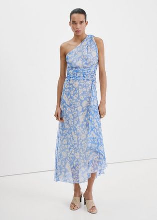 Mango Robe &agrave; fleurs col asym&eacute;trique bleu - Femme - XS - MANGO
