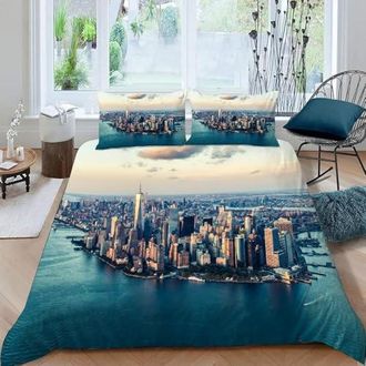 Generic Housse de Couette 240 x 260 New York Imprim&eacute;e 3D Ville Baln&eacute;aire Parure de Lit 2 Personnes Doux Microfibre Literie avec 2 Taies Doreillers 65x65 cm av
