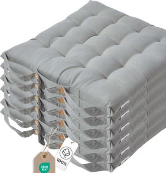Homescapes 6er Set Stuhlkissen 40x40 cm grau - Sitzkissen Outdoor/Indoor mit Baumwollbezug, Sitzpolster waschbar und Oeko-TEX-Zertifiziert für Esszimmer-, Küchen