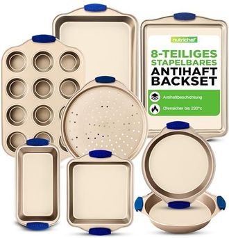 Nutrichef NutriChef Backformen-Set 8-teilig - Backblech, Muffinform & Pizzaform Karbonstahl mit Antihaft | Ofenfest bis 230 °C | Stapelbar & BPA-frei | Für Kuch