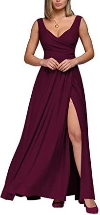TOMWELL Femme Robe de Soirée Profond Col en V Longue Robe Plissée Taille Haute Club Party Soirée Robe de Couleur Unie Maxi Robe de Cocktail Vintage Robe B Vin