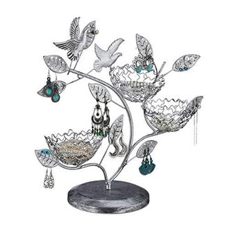 Relaxdays Schmuckbaum, 88 L&ouml;cher f&uuml;r Ohrringe, 3 Schalen f&uuml;r Ringe, Eisen, Vintage Schmuckst&auml;nder HBT 34x39x15cm, silber