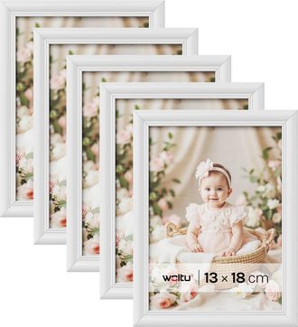 Woltu Bilderrahmen 13x18cm 5er Set Fotorahmen Holzrahmen mit Passepartout, zum vertikalen oder horizontalen Aufhängen/Aufstellen, Posterrahmen Collage Wandd
