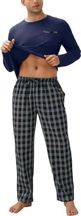 Ekouaer Pyjama Long en Coton pour Homme, Ensemble de vêtements de Nuit à col Rond, Chemise à Manches Longues et Pantalon de Pyjama Deux pièces avec Poche Bleu