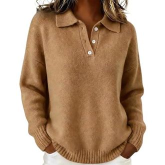 Generic Pull classique boutonn&eacute; &agrave; col en V pour femme - Couleur unie - Col polo - Manches longues - Automne et hiver, kaki, XXL