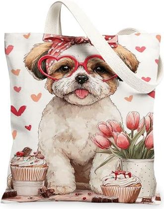 Generic Sac fourre-tout en toile motif chien mignon, adorable sac de courses r&eacute;utilisable, sac &agrave; provisions vintage floral l&eacute;ger lavable bandouli&egrave;re, blanc, 1