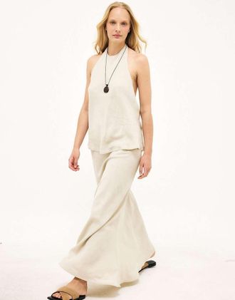 NA-KD Jupe longue trap&egrave;ze en lin et lyocell m&eacute;lang&eacute;s - Beige clair-Neutral