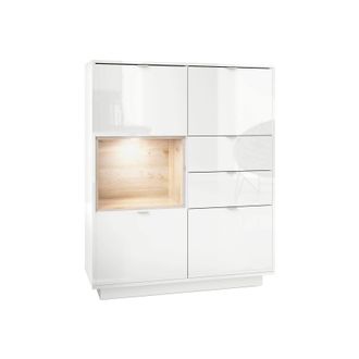 Vladon Highboard Sideboard Metro, Made in Germany, Korpus in Weiß Hochglanz/Fronten in Weiß Hochglanz mit Einsatz in Eiche Nordic, inkl. LED Beleuchtung