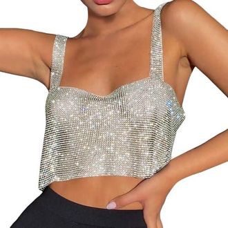 Generic D&eacute;bardeurs mignons &agrave; paillettes pour femme avec strass &eacute;tincelants et col carr&eacute;, chemises basiques sans manches &agrave; paillettes brillantes Y2K, d&eacute;bardeur