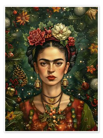 Posterlounge Christmas Frida Kahlo Poster von Olga Telnova 30 x 40 cm Gr&uuml;n Wandbilder Wanddeko
