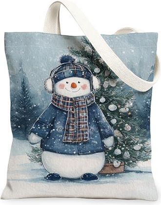 Generic Sacs fourre-tout en toile motif bonhomme de neige de No&euml;l, sacs d&eacute;picerie r&eacute;utilisables, vintage l&eacute;gers et lavables en toile pour, bleu, 13x15 Inch