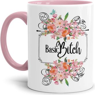 Tassendruck Blumen-Tasse für die Basic Bitch - Geschenk-Idee/Freundin/Schwester/Innen & Henkel Rosa
