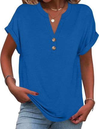 Onsoyours Tshirt Damen Kurzarm V-Ausschnitt T-Shirts Sommer Knopfleiste Oberteile Locker Lässig Shirt A Blau XXL