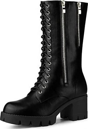 Allegra K Bottes Hautes à Talons épais et à Plateforme à Lacets pour Femmes Noir 38