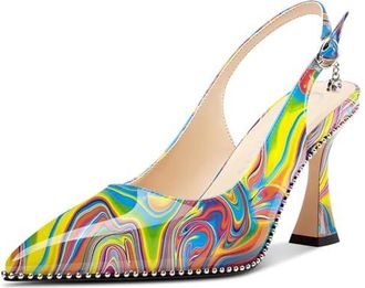 Castamere Femmes Slingback Kitten Talon Heel Ferm&eacute; Pointu Bout Escarpins Bloc Chunky Mariage Party Dress Chaussures 9 CM Heels Graffiti color&eacute; 43 EU