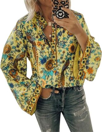 ORANDESIGNE Damen Vintage Bohemian Blusen Hippie Blumen Bluse Boho Tunika Elegante Oberteile Tops Langarm Shirt A Gelb XXL