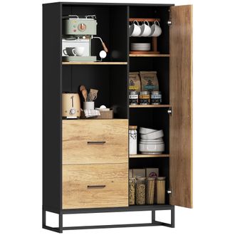 HOMCOM Highboard K&uuml;che, K&uuml;chenschrank, Geschirrschrank, 2 Schubladen, Schrank mit T&uuml;r, 2 offene Nischen, verstellbare Regale, moderne Aufbewahrungsm&ouml;bel, Sta