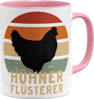 OM3 H&uuml;hnerfl&uuml;sterer Kaffee-Tasse mit Spruch - Lustige Spruchtasse - H&uuml;hner Fl&uuml;sterer - Statement - Keramik Becher - 325ml - Beidseitig Bedruckt - Rosa