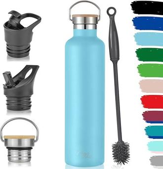 Milu Bouteille en acier inoxydable 350ml, 500ml, 750ml, 1l (+3 couvercles) - Bouteille thermo avec paille, bouteille deau, pour boissons chaudes, froides e