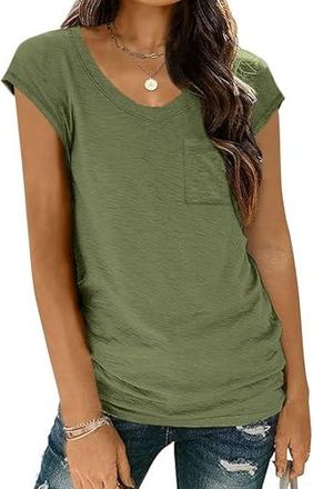 Zeagoo T-shirt d&eacute;t&eacute; basique pour femme - Col en V - Manches courtes - D&eacute;contract&eacute; - Couleur unie - Tailles S &agrave; XXL, Vert arm&eacute;e., M