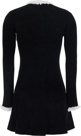 Self Portrait Floral-Trimmed Ribbed Viscose Mini Dress - Black