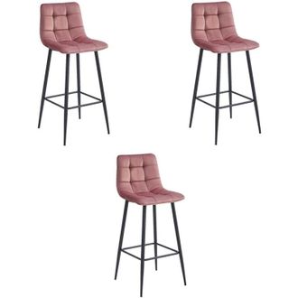Private Label Valora 3 Tabourets Bar TEOTO Velours Rose Pieds Acier Noir