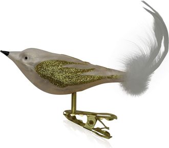 Lauschaer Glas Christbaumschmuck Vogel mit Federschwanz Eislack Champagner 3 Stück Christbaumschmuck Weihnachtsbaumschmuck mundgeblasen, handdekoriert