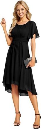 Ever-pretty Robe dInvité de Mariage Femme Longueur Manches Volantées Plissé Mousseline Au Genou Col Rond Robe de Soirée Élégante Noir 46