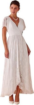 Ever-pretty Robe Demoiselle dhonneur Femme Longue Asymétrique Dentelle Manches Courtes Col V Fluide Chic Blanc 36