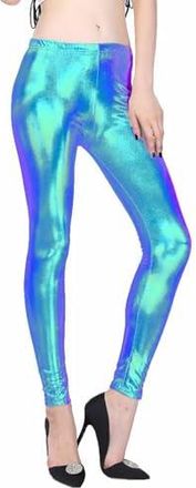 Onsoyours Femme Leggings Métallique Taille Haute Effet Mouillé Brillant Party Disco Carnaval Sexy Pantalons Shiny Leggings A Bleu Coloré L