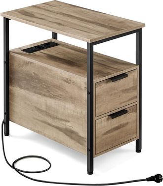 Vasagle Table dAppoint avec Prise Int&eacute;gr&eacute;e, 2 Tiroirs, pour Salon et Chambre, Marron Camel et Noir