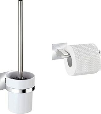 WENKO Turbo-Loc WC-Garnitur Quadro - WC-Bürstenhalter, 9.5 x 35.5 x 12 cm, Chrom & Turbo-Loc Edelstahl Toilettenpapierhalter ohne Deckel Quadro Edelstahl ro