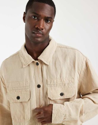 AllSaints Korten - Surchemise en denim de lin m&eacute;lang&eacute; - Marron
