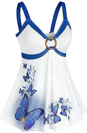 Generic Maillot de bain rembourr&eacute; noir pour femme avec imprim&eacute; papillon et O - grande taille, haut sans manches bikini femme avec, bleu, XXL