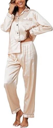 Generic Pyjama 2 pi&egrave;ces en soie pour femme, pyjama 2 pi&egrave;ces en soie &agrave; manches longues, v&ecirc;tement de nuit confortable, pyjama soyeux, jaune clair, XXL