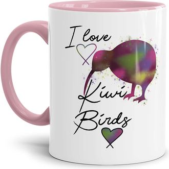 Tassendruck Keramik Tasse mit Spruch - Kiwi Tasse - I Love Kiwi Birds - Geschenkideen f&uuml;r Familie, Freunde und Kollegen - Innen & Henkel Rosa, 300 ml