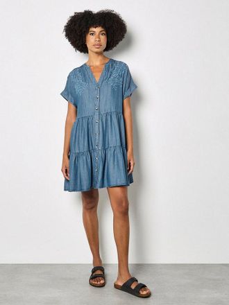 Apricot Minikleid Besticktes Jeans-Mini-Kleid mit Stufenrock