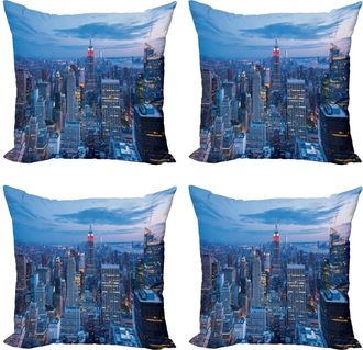 Abakuhaus New York Kissenbezug Set (4 Stück), Sonnenuntergang in NYC Foto, moderner doppelseitiger Digitaldruck, 40 cm, Blau