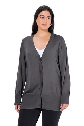 Ulla Popken Cardigan en Tricot Fin pour Femme Grandes Tailles Grande Taille Col en V Boutonni&egrave;re, Anthracite m&eacute;lang&eacute;., 54-56