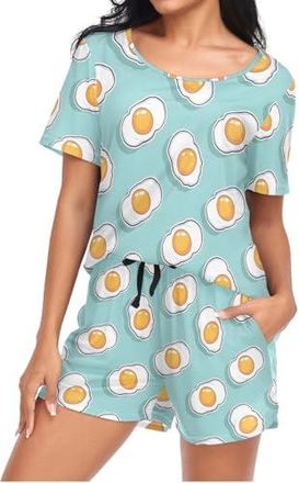Mnsruu Joli motif oeuf au plat pour femmes, ensembles de pyjamas à manches courtes, ensemble pyjama pour femme, vêtements de détente avec poche, taille S, G7