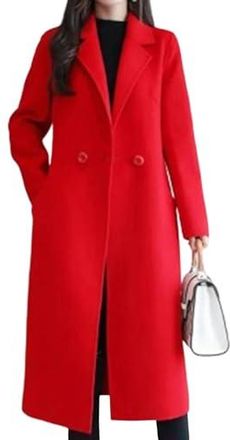 Generic Long Wool Winter Coats for Women Long Wool Blend Coats Notched Collar Double Breasted Pea Coat Fall Winter Outwear Red Medium