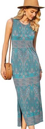 Zeagoo Robe maxi d&eacute;t&eacute; sans manches pour femme - Col rond - Robe d&eacute;contract&eacute;e avec poches - Taille S _ XXL, Motif floral vert, XXL