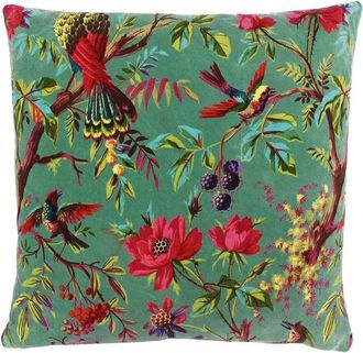 Riva Paoletti Paradise Quadratischer Kissenbezug - Aqua Bunter Vogel-Print Samtiger Baumwollstoff (50 x 50 cm, 1 Stück)