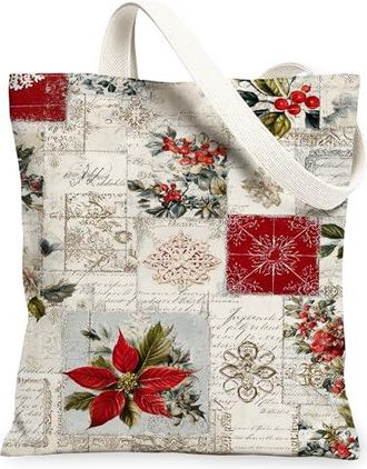 Generic Sacs fourre-tout en toile &agrave; motif floral de No&euml;l, sacs d&eacute;picerie r&eacute;utilisables, &eacute;l&eacute;gants, l&eacute;gers et lavables, Rouge, 13x15 Inch